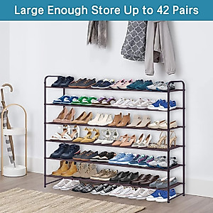 KIMBORA 6 Tier Long Shoe Rack for Closet, Wide Closet Shoe Organizer Storage Sturdy Sneaker Shelf for Floor, Bedroom 42 Pairs (Bronze)