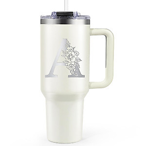 Birthday Gifts for Women, Gifts for Women, Monogrammed Gifts for Women, 40oz Initial Stainless Steel Tumbler with Straw and Lid - Personalized Christmas, Birthday Gifts for Best Friend Her Mom, A