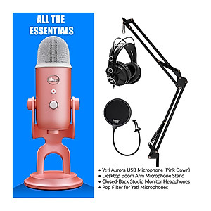Blue Microphones Yeti USB Microphone Aurora Collection (Pink Dawn) Bundle with Boom Arm Microphone Stand, Studio Monitor Headphones, and Pop Filter (4 Items)