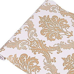 Lependor 17.71" X 118" Luxury Gold Damask Peel and Stick Wallpaper Removable Printed Stick Wall Paper Decorative Self Adhesive Shelf Drawer Liner Roll - 17.71" X 9.8 ft, Gold Damask