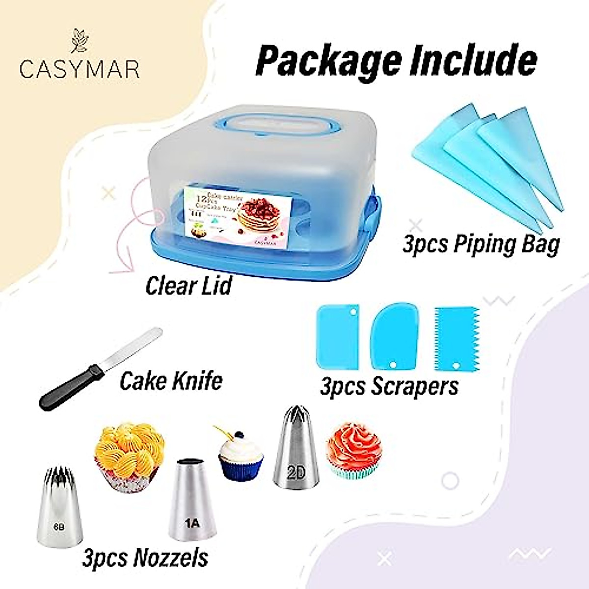CASYMAR Portable Cake Carrier with 12 Cupcake Holder with Lid- Plastic Cake Containers with Lids Includes Knife & Accessories-Two Sided Base for Snacks Cookies Nuts Fruit etc-Suitable for 12-inch Cake