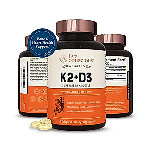 Live Conscious Vitamin K2 MK7 with D3 Supplement by LiveWell | Bone & Heart Health Support - Patented Vitamin K & Vitamin D3 5000 IU - 60 Softgels