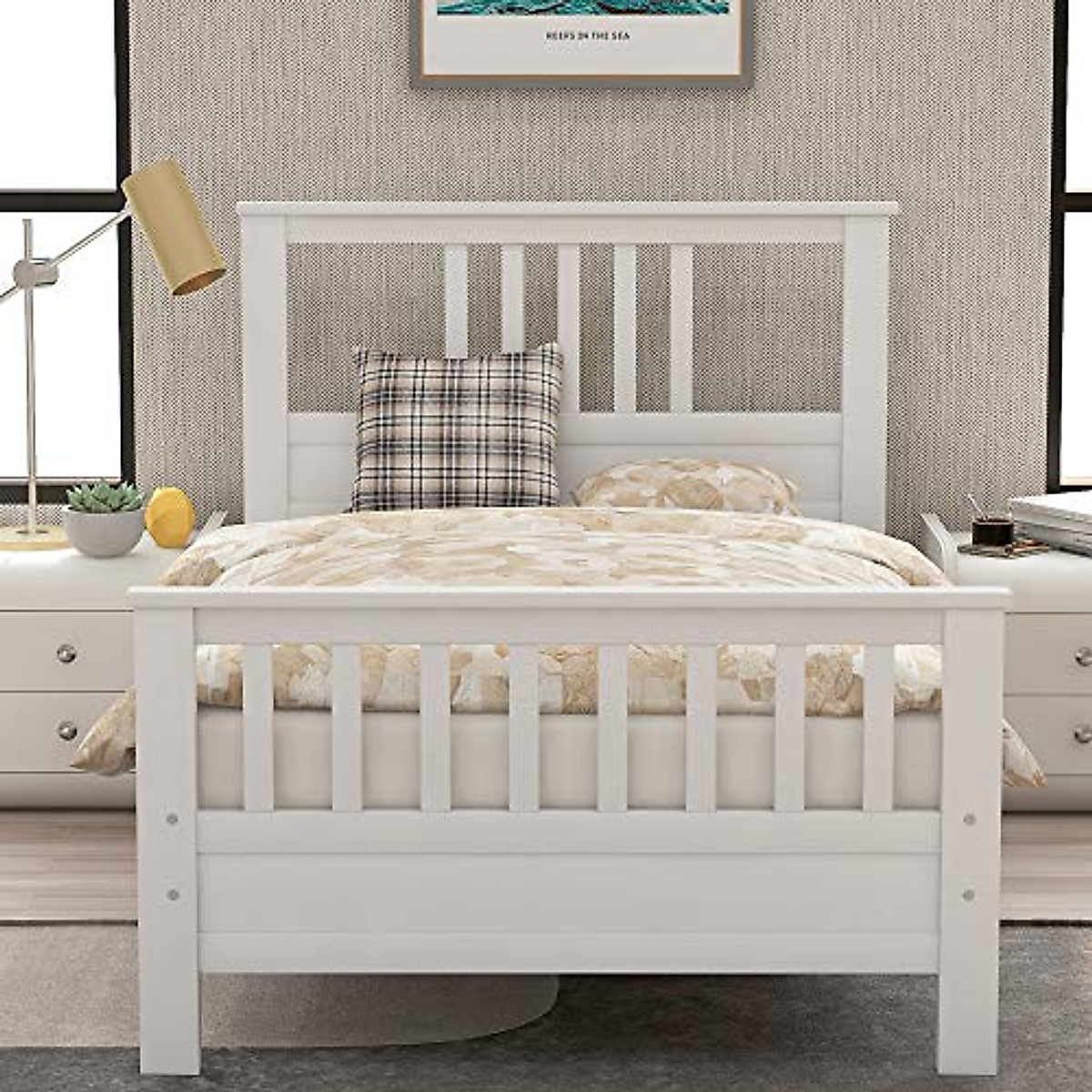POCIYIHOME Twin Wood Platform Bed with Headboard and Footboard, Modern Bed Frame with Solid Wood Slat and Support Legs for Bedroom, Simple and Classic Design,No Box Spring Need, White (Twin)