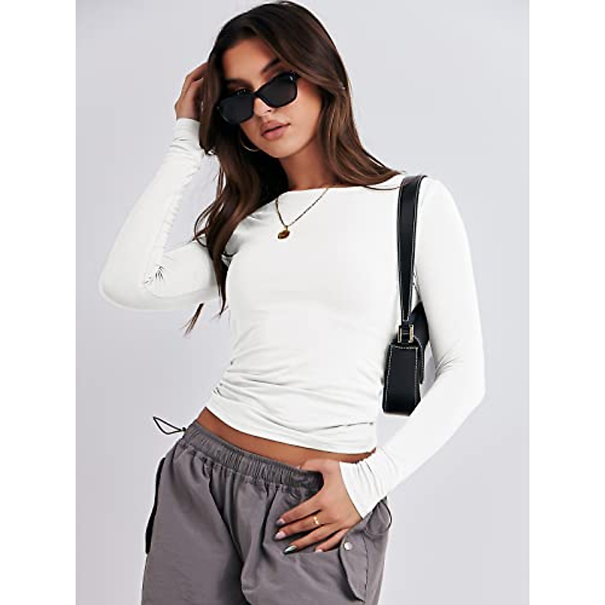 ANRABESS Women Long Sleeve Crop Top Basic Tees Tight Fitting T-Shirt Trendy 2023 Fall Shirts Undershirts Sexy Casual Going Out Cropped Tops 1029dabai-S White