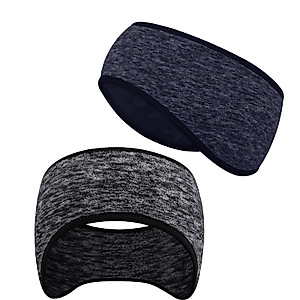 SAVITA 2 Pack Ear Warmers Headband Stretchy Ear Covers Sweatband Ski Winter Headband Earmuff Workout Headbands Moisture Wicking Thermal Sport Headbands for Women Man Girls (Gray and Dark Blue)