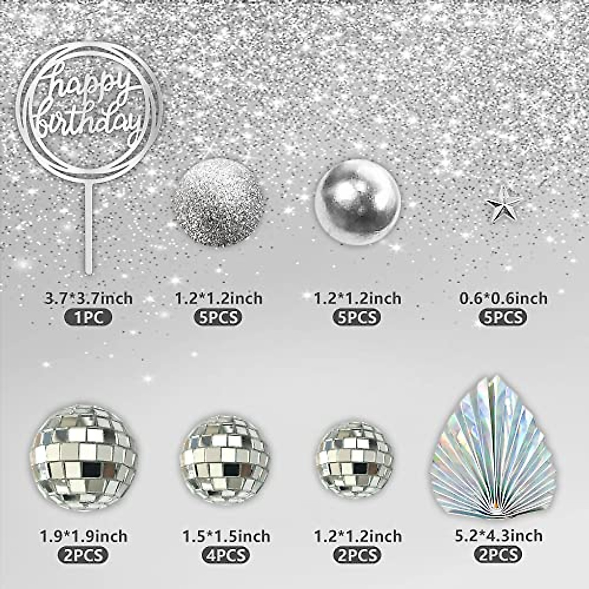 Disco Balls Cake Toppers Mirror Balls with Boho Stars Cake Decorations for 70s 80s Disco Dance Party Saturday Night Fever Supplies (Silver)