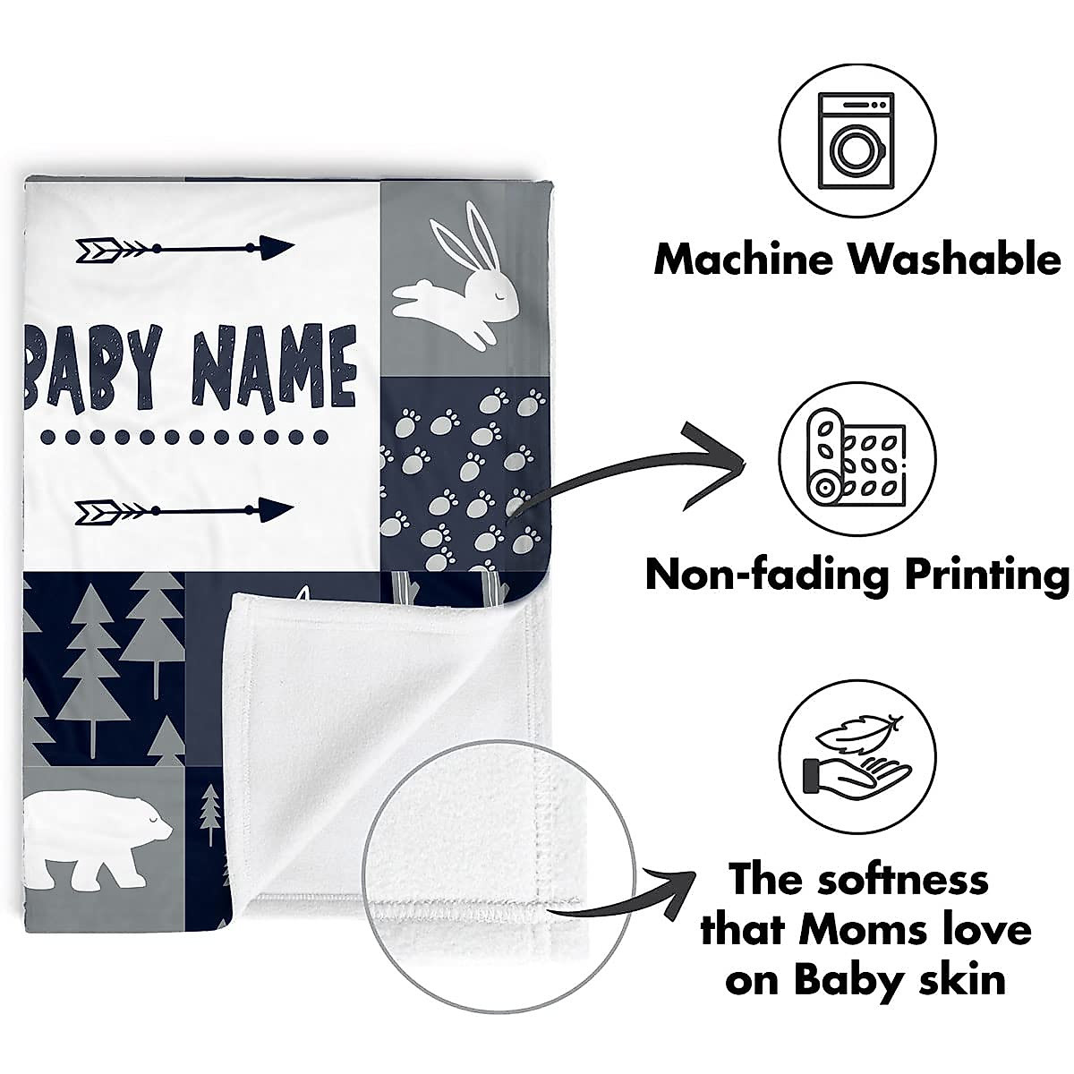 Ruby Star Personalized Baby Blanket for Boy, Cozy Plush Fleece Blanket, Custom Baby Name, Includes Baby Onesie and BIB, Bankets for Kid (Woodland), Full