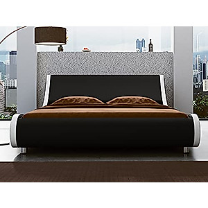 SHA CERLIN Modern Low Profile Platform Bed Frame Queen Size, Stylish Faux Leather Upholstered Sleigh Bed with Adjustable Headboard, No Box Spring Needed, Black&White
