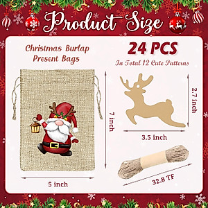 BORAMDO Christmas Burlap Gift Bags with Drawstrings 24Pcs, Watercolor 12 Designs Christmas Gnomes Linen Wrapping Bags, Small Christmas Treat Candy Bags for Holiday Party Favor Supplies…