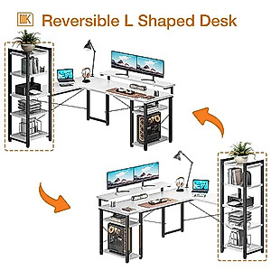 ODK L Shaped Desk with Monitor Stand, 54 Inch Home Office Desks with Storage Printer Shelves, Reversible Corner Gaming Desk with Bookshelf for Bedroom, White