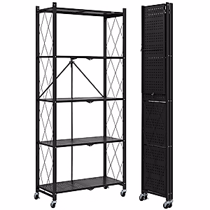 ALANNG 70.7" H Metal Storage Shelves, 5 Tier Folding Storage Shelves on Wheels, Heavy Duty Collapsible Shelving Unit, No Assembly Storage Rack for Kitchen, Basement, Pantry (Black,1 Pack)