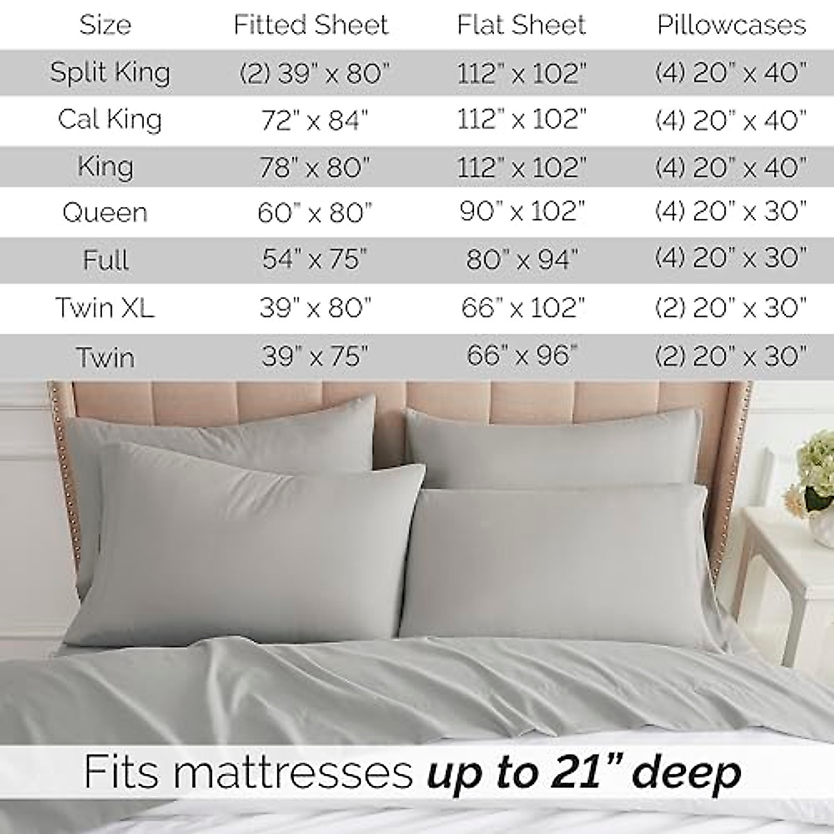Southshore Fine Living, Inc. Extra Deep Pocket King Sheet Set, 6-Piece Ultra-Soft Microfiber Bed Sheets with 21" Deep King Fitted Sheet, Oversize Flat Sheet, 4 King Pillowcases, Steel Grey
