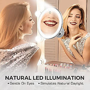 GOZVRPU 10x Magnifying Lighted Makeup Mirror with Touch Control, Powerful Locking Suction Cup, and 360 Degree Rotating Arm, Magnifying Mirror with Lights for Home, Bathroom Vanity and Travel(White)