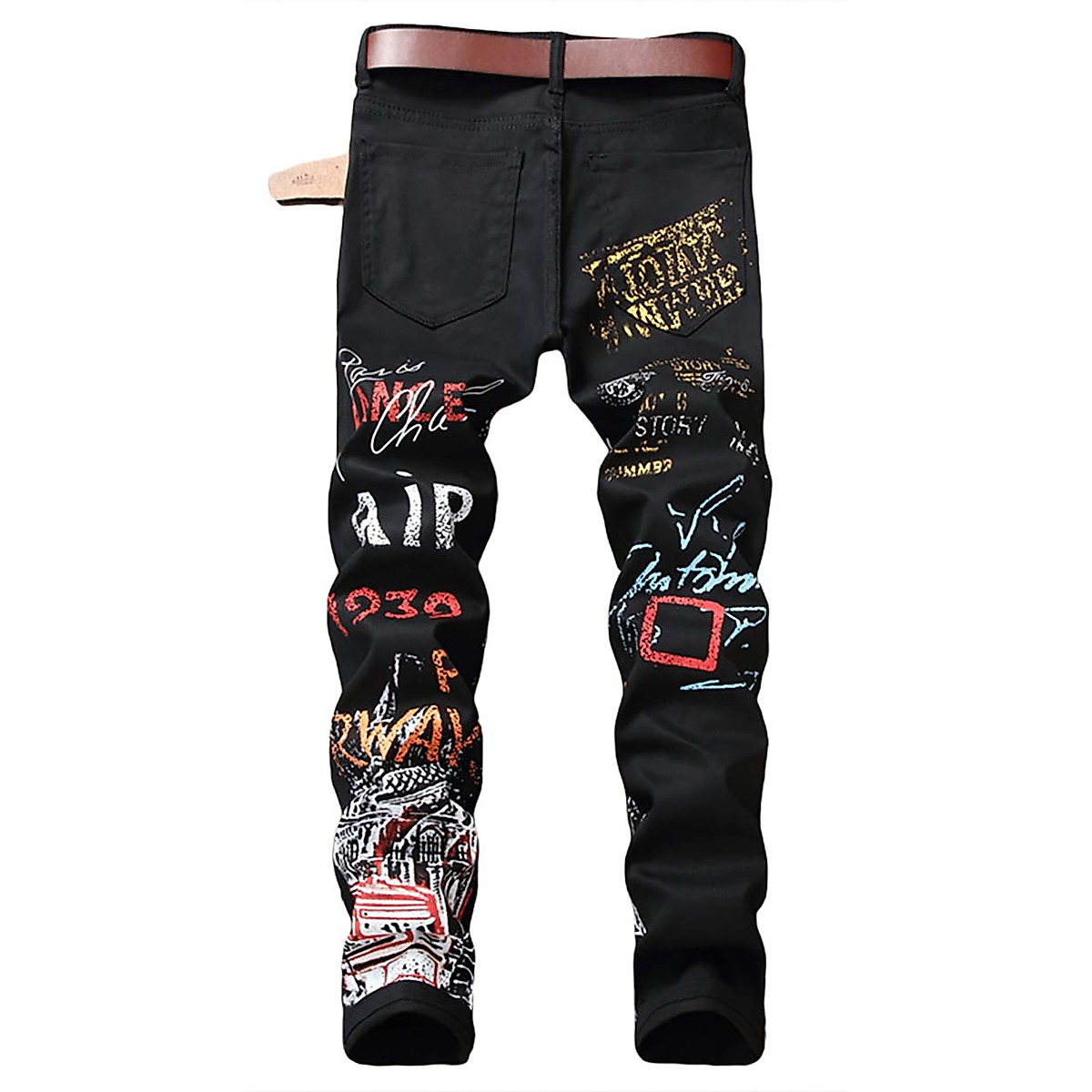 Enrica Men's Casual Color Printed Jeans Skinny Black Denim Pants (Black&Air, 34)