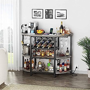 Zarler Bar Table Cabinet with Power Outlet, LED Home Mini Bar for Liquor and Glasses, Metal Wine Bar Stand with 4-Tier Storage, Grey