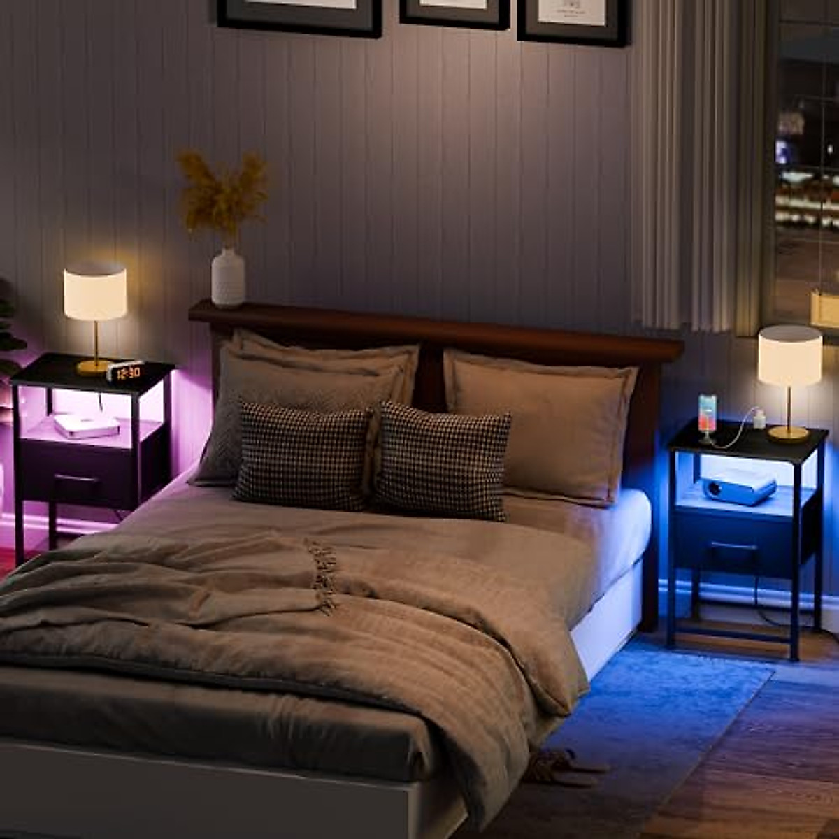 LAKEMID Nightstands Set of 2 with Charging Station and Drawer, End Table Bedside Table with 20 Colors LED Light Strip and 2 Layers Shelf for Bedroom Living Room Sofa Couch (Black)