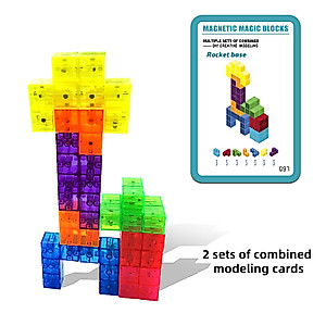 OUXIA Magnetic Building Blocks Magic Magnetic 3D Puzzle Cubes, Set of 7 Multi Shapes Magnetic Blocks with 54 Guide Cards, Children's Educational Toys and Stress Relief Fidget Toys for Kids Adults