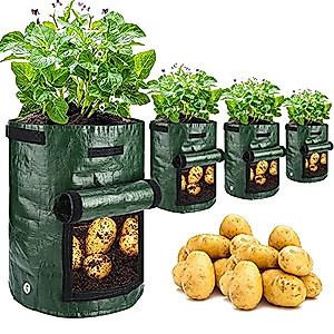JJGoo Potato Grow Bags, 4 Pack 10 Gallon with Flap and Handles Planter Pots for Onion, Fruits, Tomato, Carrot - Green