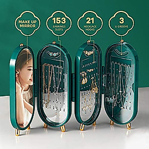 CANITORON Earring Organizer Stand，4-Layer Small Foldable Dustproof Jewelry Holder with 153 Holes For Women Earrings, Earring Backs, Necklaces,Display Jewelry Organizer-Green