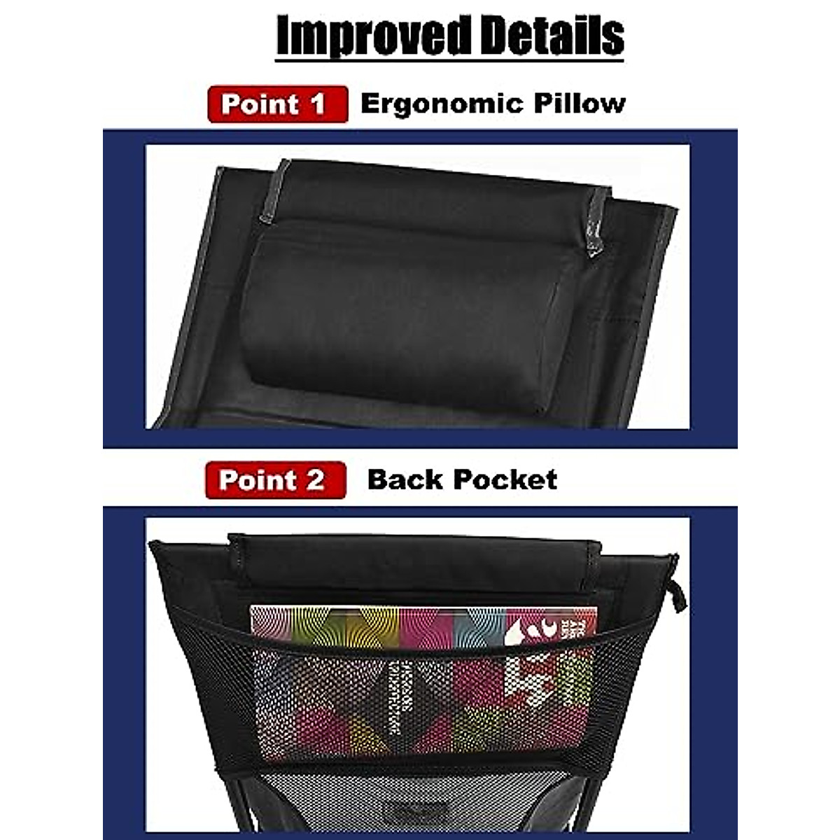 DRAXDOG Camping Chair, 2 Way Compact Backpacking Chair, Portable Folding Chair, Beach Chair with Side Pocket, Lightweight Hiking Chair 0011 (Black Set)