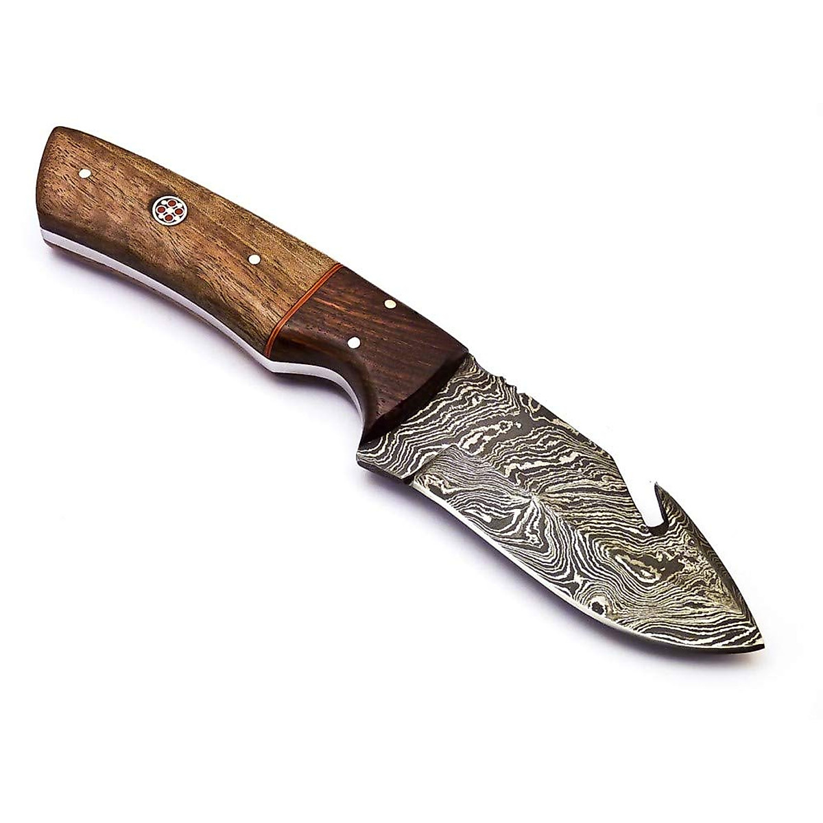Rare Custom Damascus Fuller Gut Hook Knife Skinning Knife Hunting Knife |Outdoor Knife Camping Knife | Color Wood Handle with Free Genuine Leather Sheath (S-76)