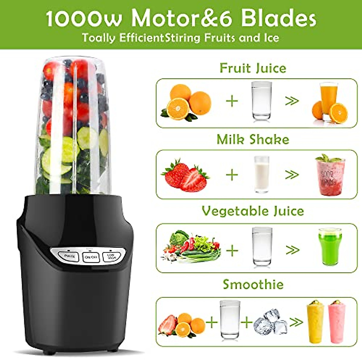 1000W Personal Bullet Blender for Shake and Smoothie, Healnitor Nutri Large Size Mixer with Blending and Grinding Blades for Kitchen, Tritan 32+15 Oz Travel Bottles for Fruits, Vegetables, Coffee, Black