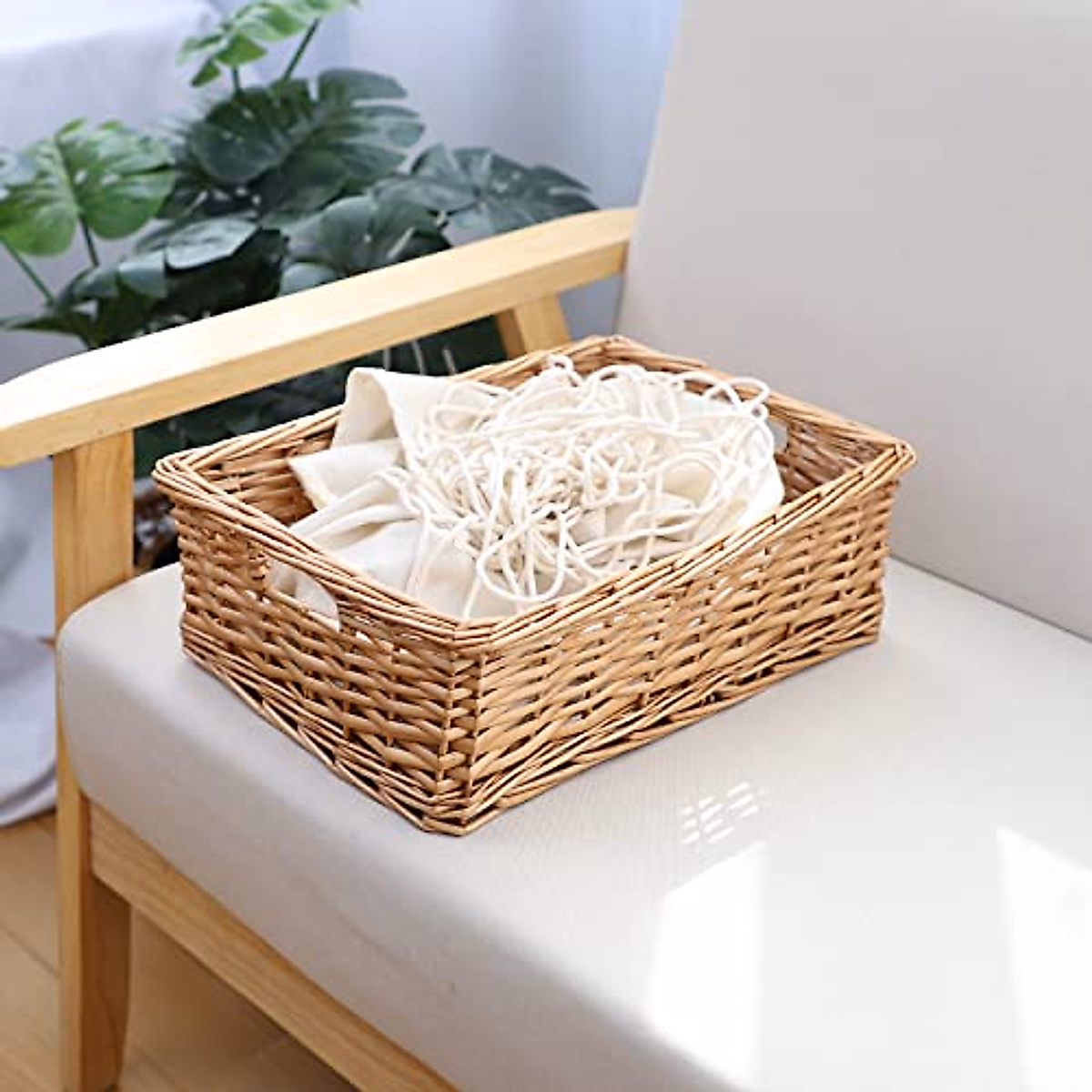 YAHUAN Rectangular Wicker Storage Basket Woven Rattan Basket with Handle, Baskets for Organizing Bathroom,Bedroom,Laundry Room,Pantry (Wicker)