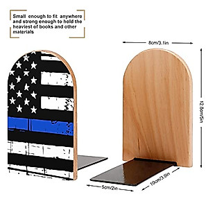 Hon-Lally American Blue Line USA Police Stars Flag Pattern Wood Bookends Decorative Bookend Non-Skid Office Book Stand for Books Office Files Magazine, One Size, Wood style