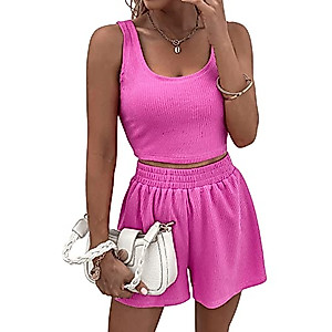 Verdusa Women's 2 Piece Ribbed Crop Tank Top and Shorts Tracksuit Set Hot Pink L