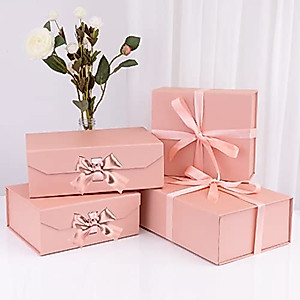 MUMUPACK 5 Pink Gift Boxes with Lid for Presents 8x7x3.3 Inches with Ribbon and Magnetic Closure, Collapsible Matte Textured Finish Box for Mother's Day, Birthdays, Bridal Gifts,Weddings