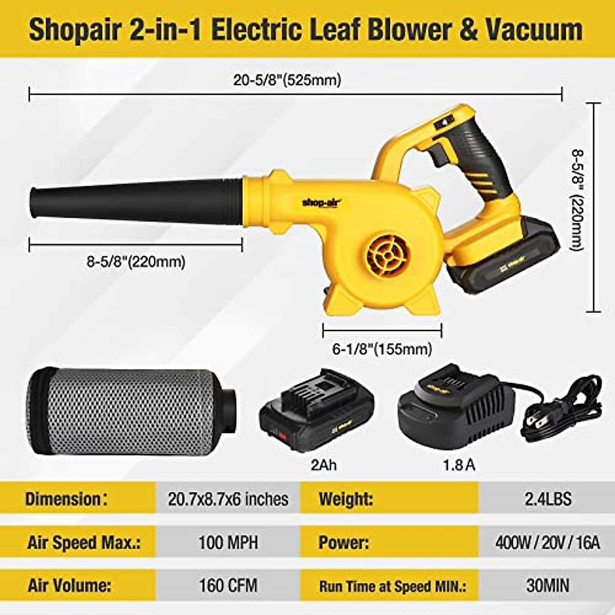SHOP·AIR Cordless Leaf Blower & Vacuum, 2-IN-1 20V Leaf Blower with 7 Adjustable Speeds, 160CFM/100MPH Strong Power, Lightweight Handheld Blower for Lawn Care, Snow, Dust, Battery and Charger Included