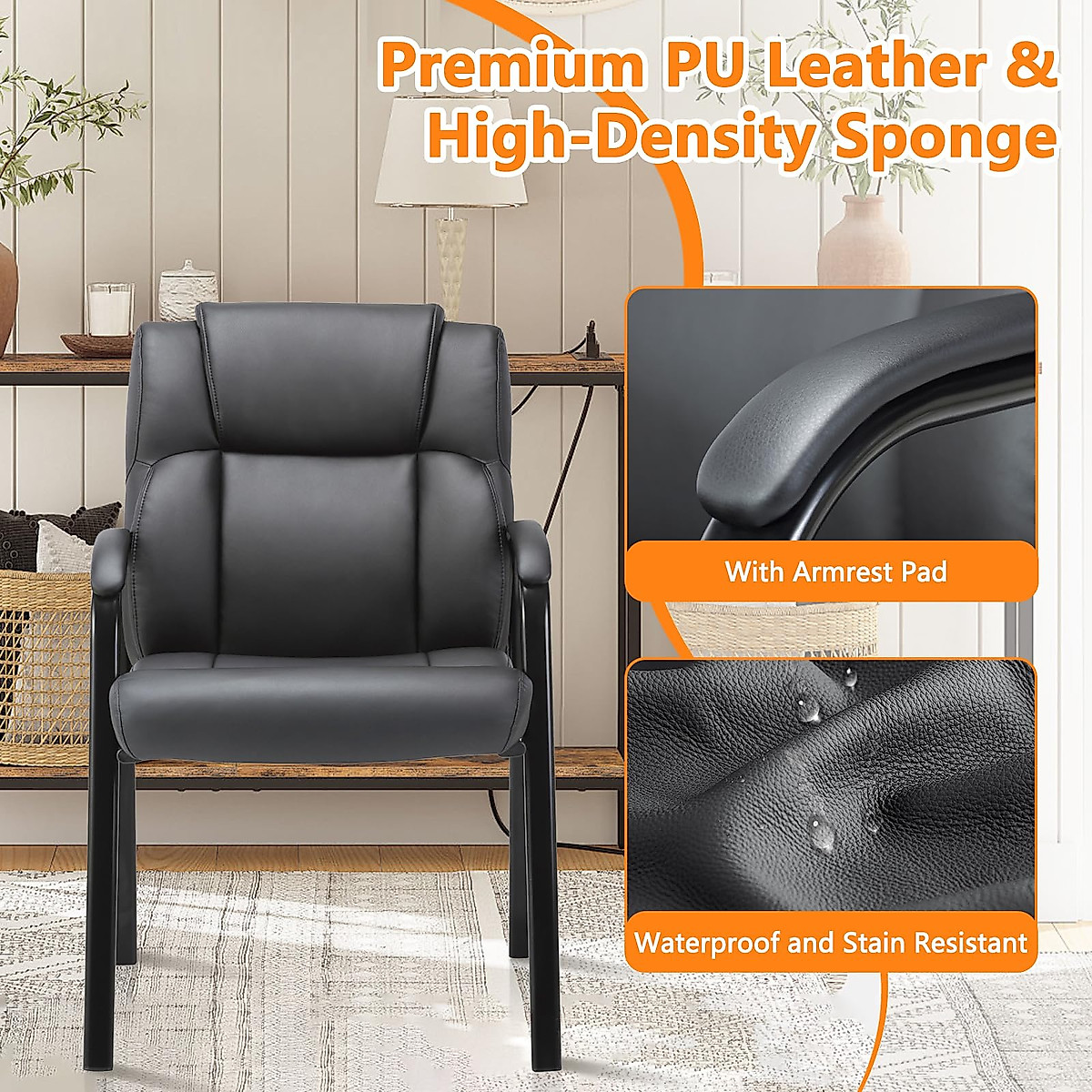 CLATINA Leather Guest Chair with Padded Arm Rest for Reception Meeting Conference and Waiting Room Side Office Home Black 2 Pack