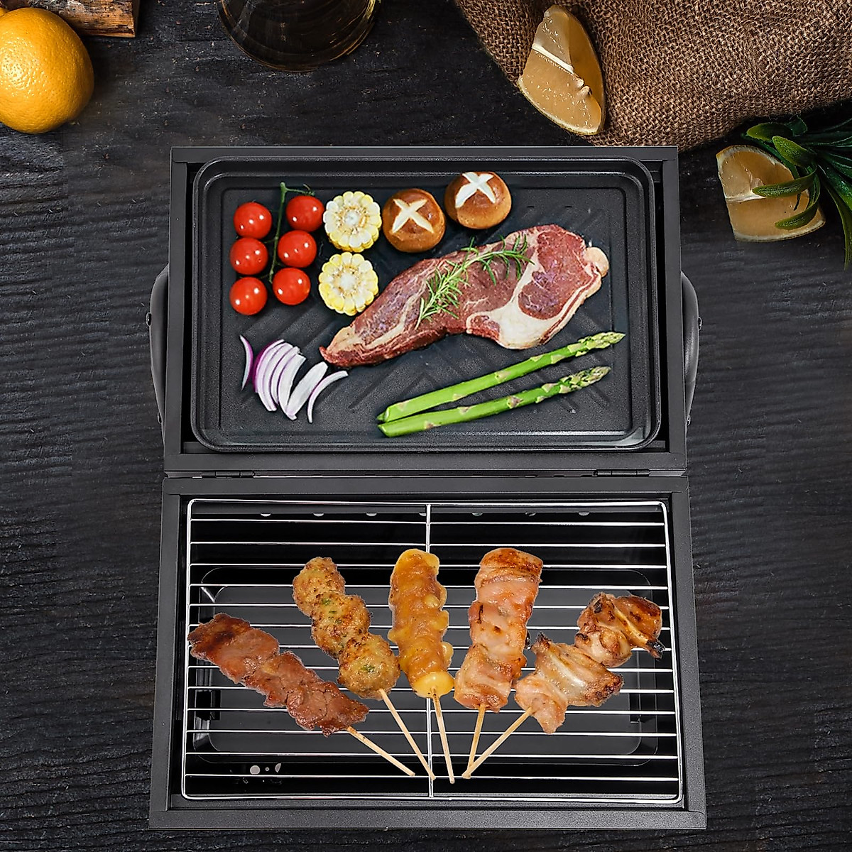 Supernal Portable Charcoal Grill,Tabletop Charcoal Grill,BBQ Grill for Outdoor Cooking Camping,Picnics,Backyard,Balcony-Black,2 Carbon Tank,2 Baking Net,1 Baking Pan