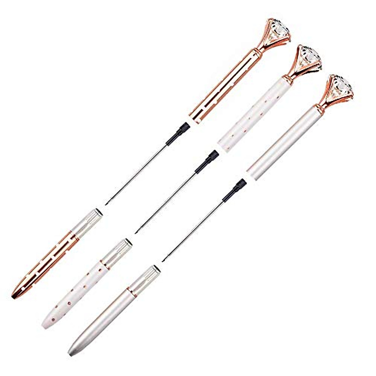 LONGKEY 3PCS Diamond Pens Big Crystal Diamond Ballpoint Pen Bling Metal Ballpoint Pen Offices and Schools, Silver/White With Rose Polka Dots/Rose Gold with White Polka Dots, Includes 3 Pen Refills.