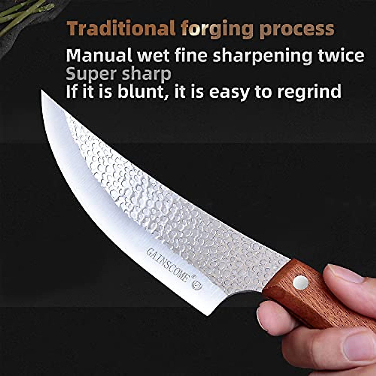 GAINSCOME Handmade Stainless Steel Boning Knife Kitchen Forged Chinese Vegetable Knives Fishing Knife Meat Cleaver Outdoor Cutter Butcher Knife Sharp A-Viking Knife Camping BBQ (6 inch)
