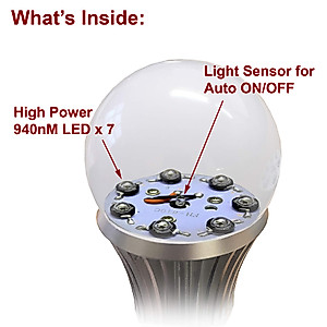 SCS Enterprises Total Invisible Super Wide 940nM IR Light Bulb Covert Lamp (7 High Power LED illuminators + Light Sensor) 25ft Range, 160 deg, 120VAC