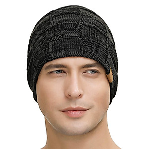Vgogfly Slouchy Beanie for Men Winter Hats for Guys Cool Beanies Mens Lined Knit Warm Thick Skully Stocking Binie Hat Black/Dark Grey