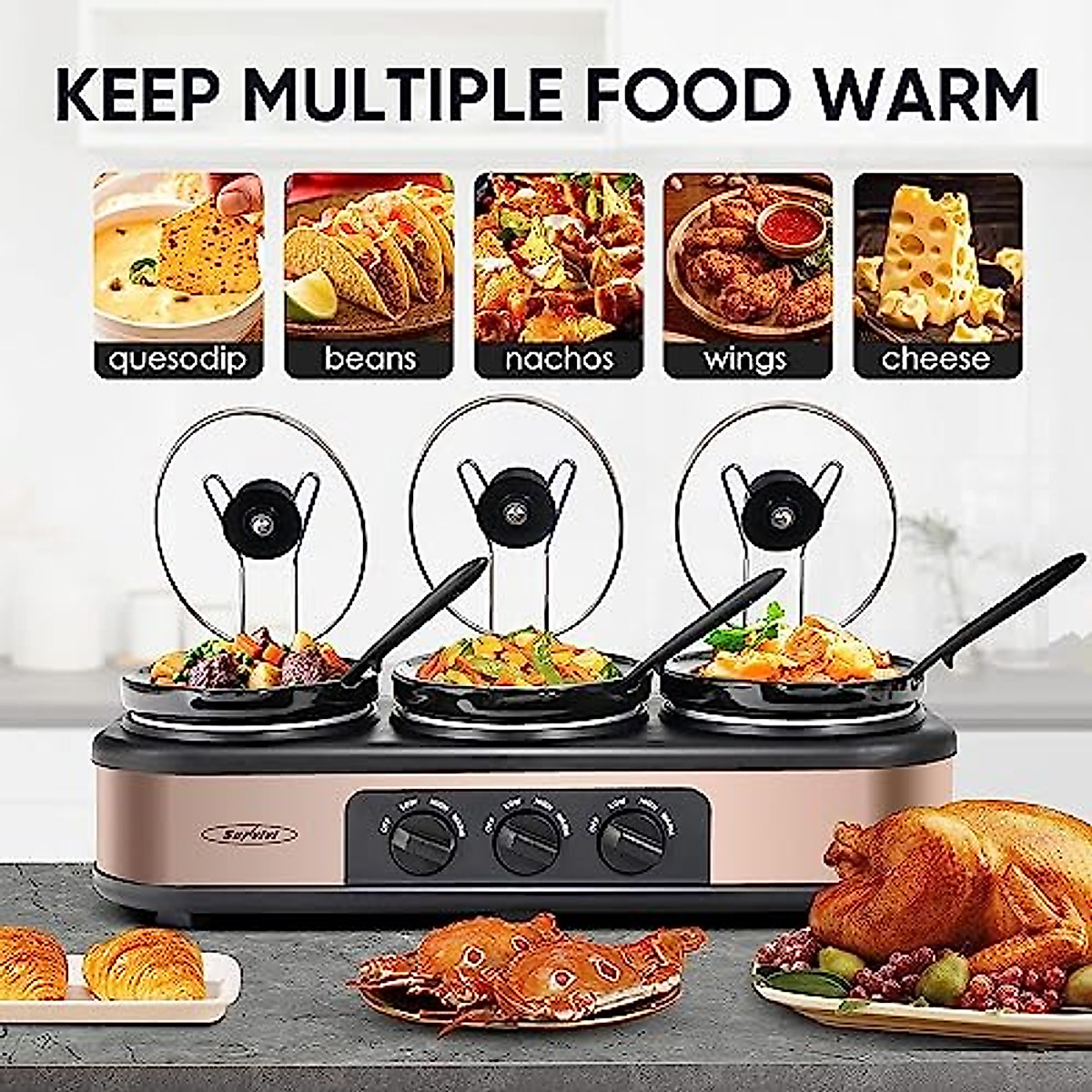 Sunvivi Triple Slow Cookers, 3x1.5 Qt Food Warmer Adjustable-Temp Server, Buffet Server for Parties, Mini Crock Dips Pot, Entertaining ＆ Holiday, Dishwasher Safe Glass Lid & Ceramic Pot, Stainless Copper with Lid Rests, 2 Year-Guarantee