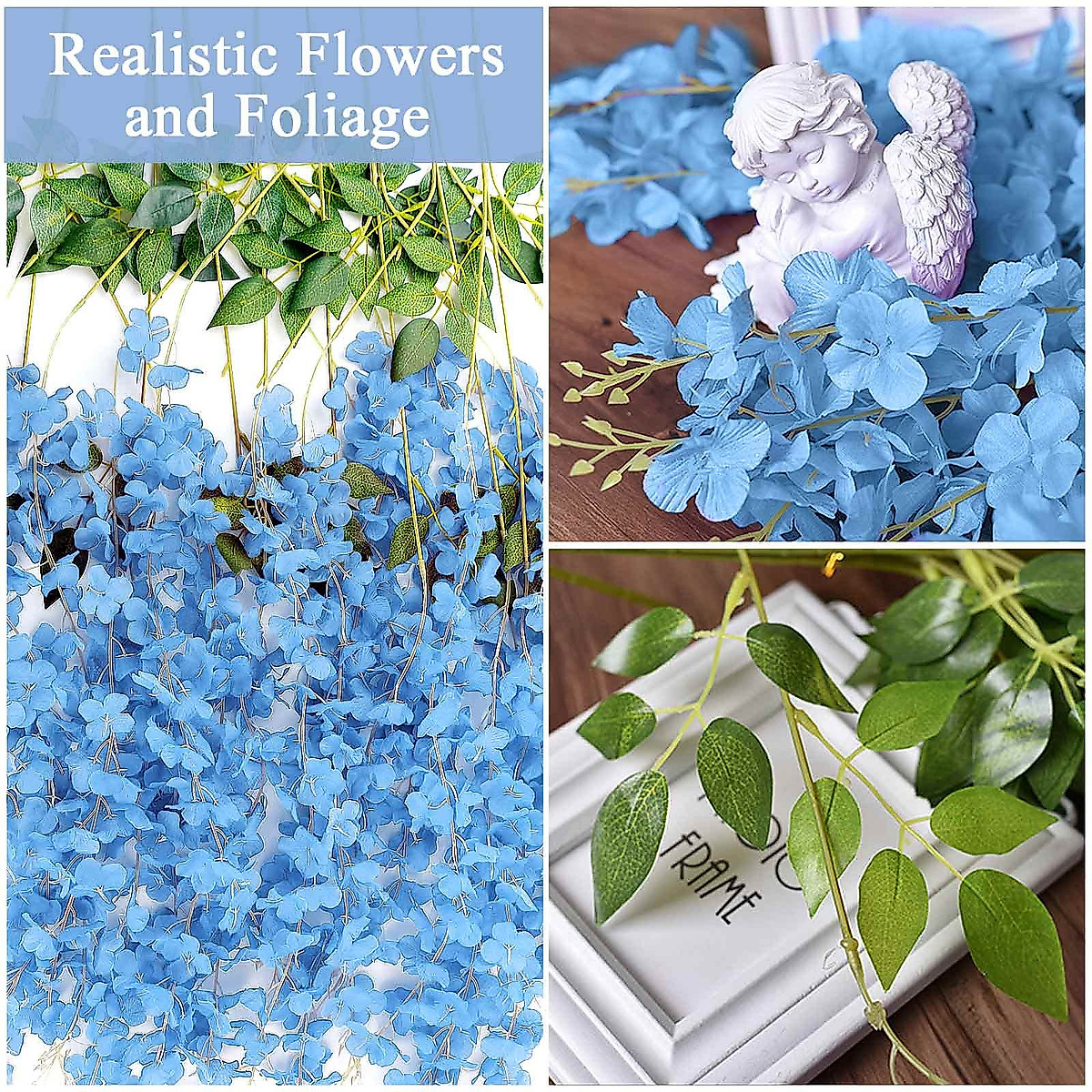 Ranslen 48 Pieces Artificial Wisteria Flower Hanging Silk Garland Vine Ratta Wedding Decor String Home Party Garden Outdoor Decoration Supplies (Blue, 48)