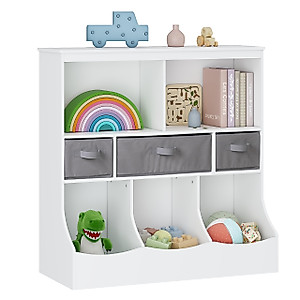 UTEX Toy Storage Organizer with Bookcase, Kids Bin Storage Unit with 8 Compartments and 3 Baskets, Toys Box, Multi Shelf Cubby for Books, Toys,White
