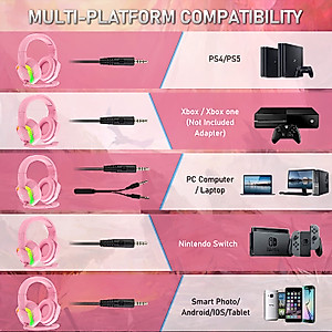 Gaming Headset with Microphone for PS4 PC Xbox One PS5 Controller,Noise Cancelling Over Ear Headphones with Adjustable Mic,Breathing RGB Light,Bass Surround,Soft Memory Earmuffs for Laptop Mac(Pink)