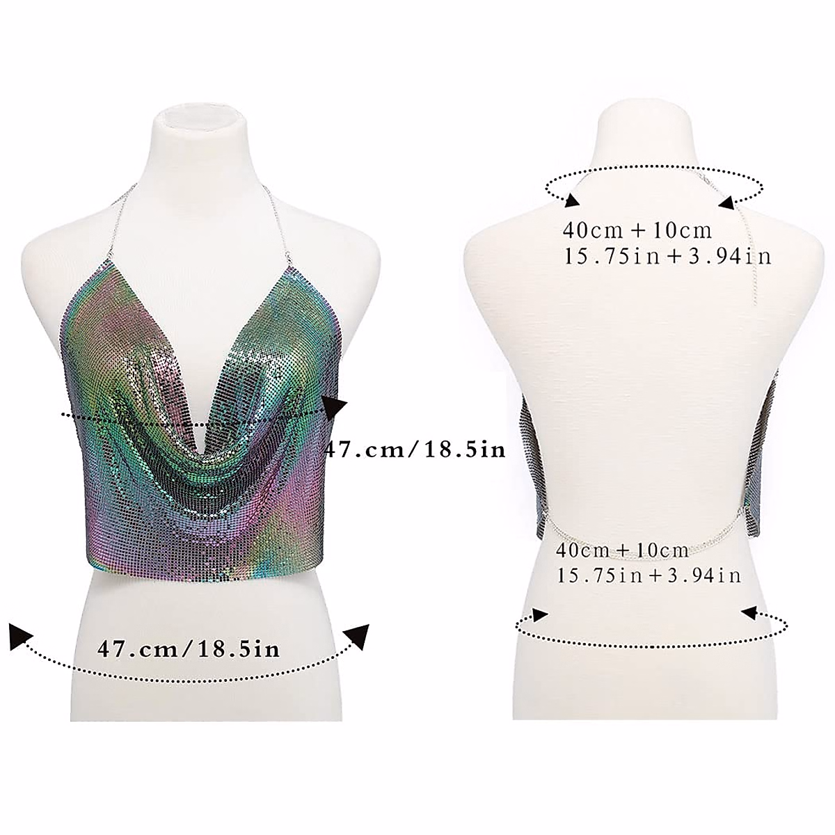 Foyte Boho Shiny Sequins Body Chain Top Deep V Neck Bra Body Jewelry Bikini Crop Top Shirt Waist Chains Nightclub Party Body Jewelry Accessory for Women