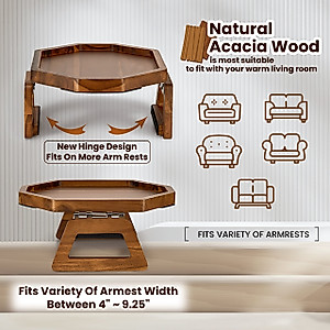 Tinamo Acacia Wood Sofa Armrest Tray - Sofa Arm Tray Table Clip Octagon - Couch Arm Table for Wide Couches (Octagonal, Acacia)