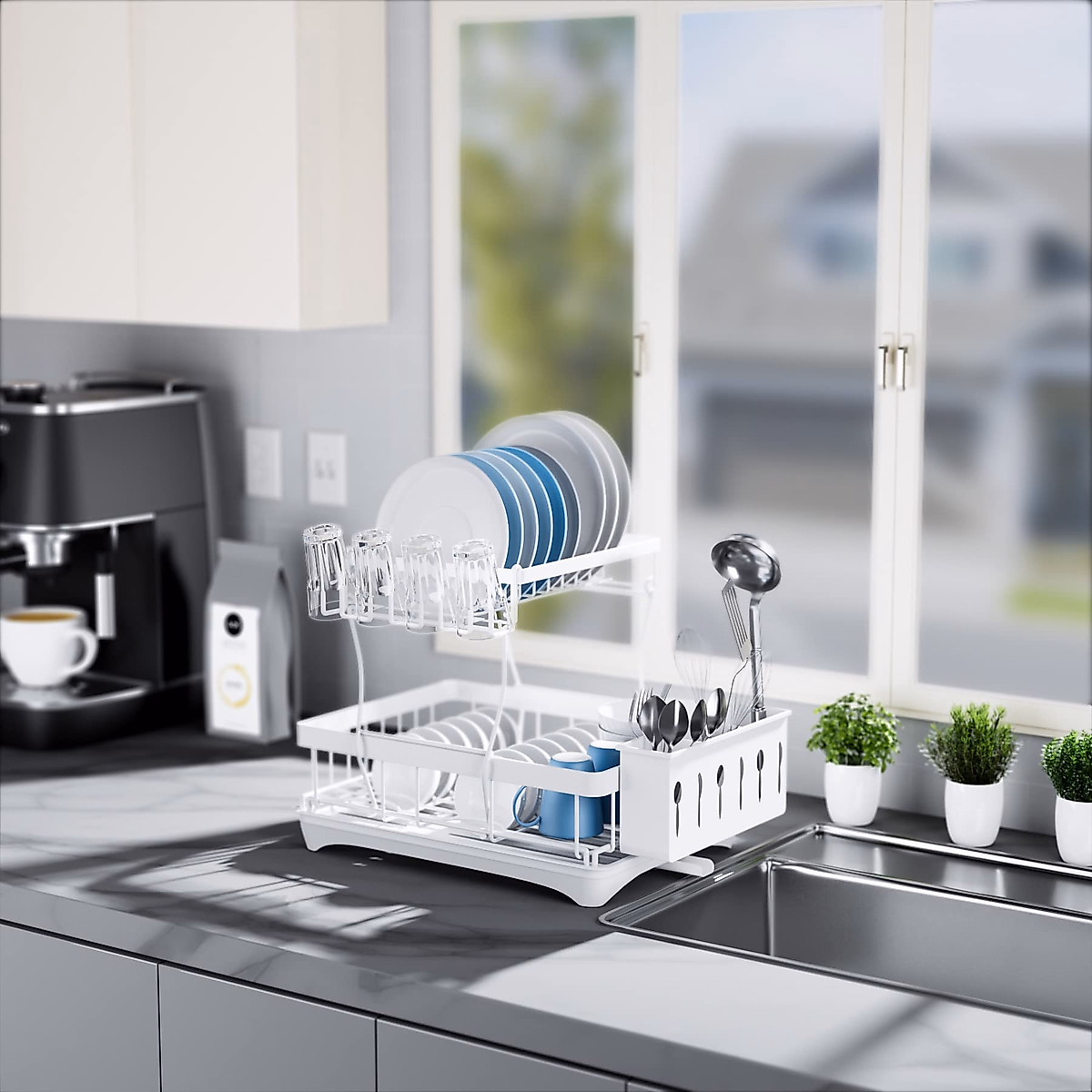 Semounva Dish Drying Rack, 2 Tier Large Capacity Dish Rack and Drainboard Set, Rustproof Dish Drainer with Cup Holder, Utensil Holder, Cutting Board Holder for Kitchen Counter