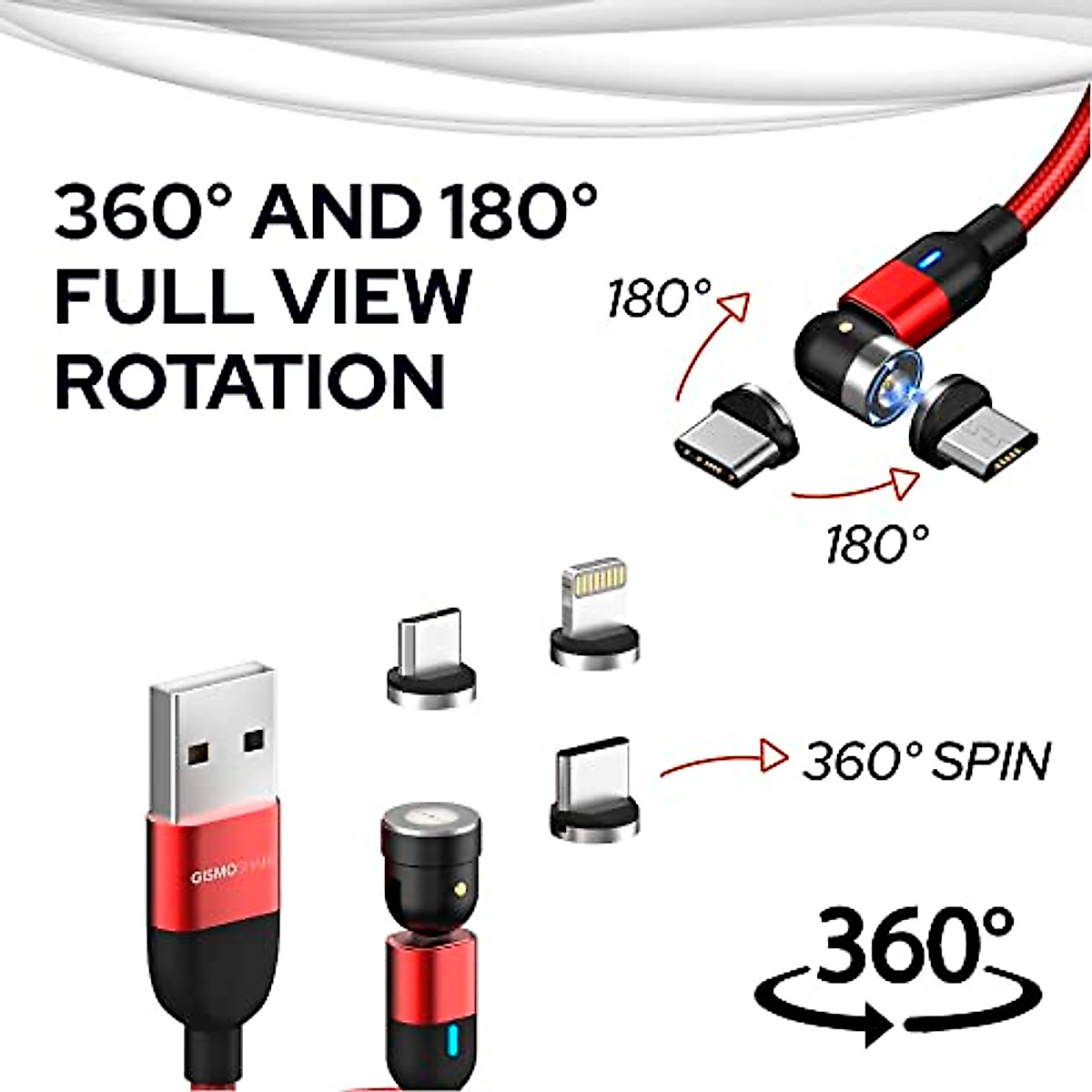 Magnetic Charging Cable - 360 Degree Rotating Charger - Removable Connectors - Nylon Braided Cord - Fast Charging for Multiple Devices - Unbreakable 8ft Nylon Cord