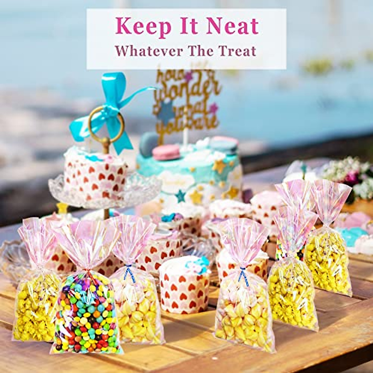 Yotelab Easter Cellophane Treat Bags, 6x12 Inches Iridescent Holographic Cellophane Goodie Bags, Party Favors Bags with Twist Ties,100Pieces