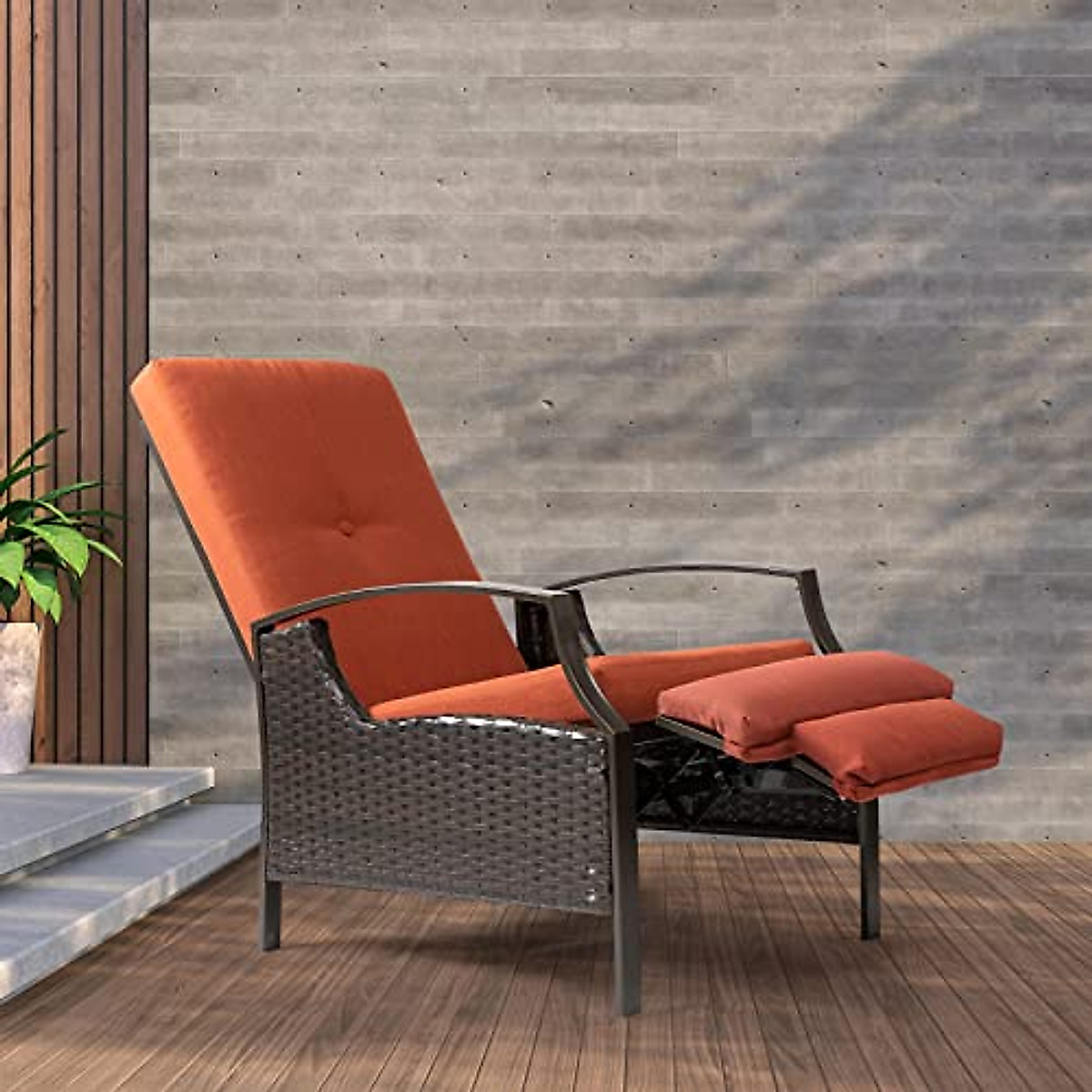 ALIMORDEN Patio Wicker Adjustable Recliner Chair, Steel Frame Rattan Sofa with Thick Removable Cushion, Outdoor Relaxing Lounge Chair for Porch, Backyard, Garden, Water Resistant, Red