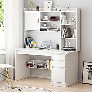 Modern Desk with Storage Drawers,Wood Computer Desk with Shelves,Sturdy Writing Desk Table with Bookshelf, Home Office Desk with Drawers for Study/Workstation(120x45x164cm(47x18x64in), B)