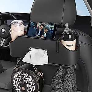 JSCARLIFE Car Headrest Backseat Organizer with Cup Holder，Backseat Storage Box Cup Drink Holders, Tissue Box & Phone Mount Bottle Cellphones Coffee Coasters Wallet Cards (Black)