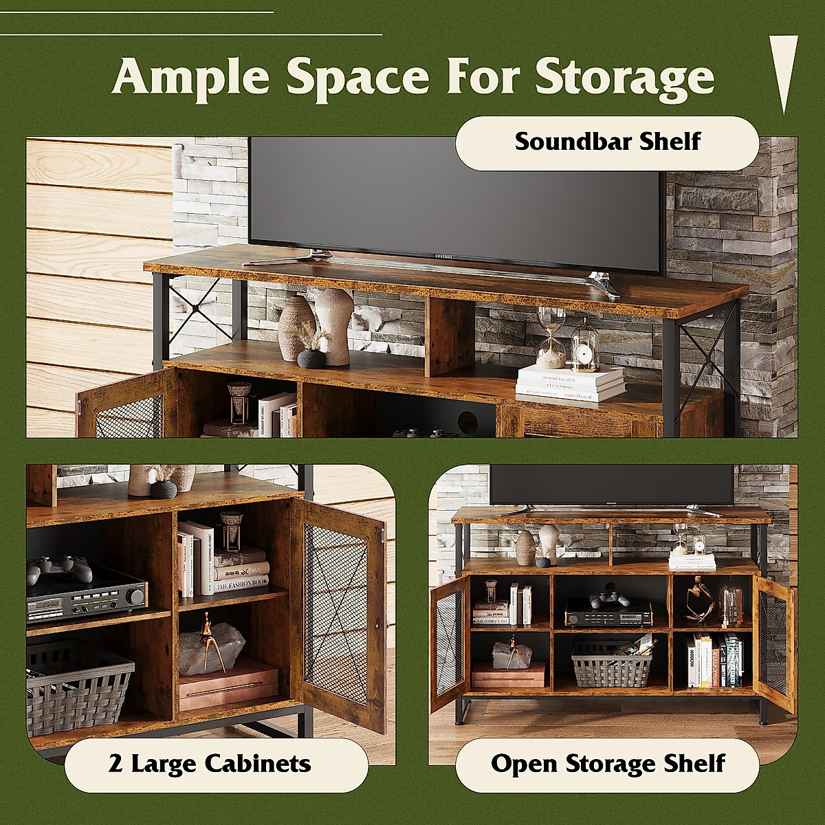 WLIVE TV Stand 55 inch TV, Tall Entertainment Center with Storage, Farmhouse Industrial TV Console for Bedroom Living Room, Rustic Brown